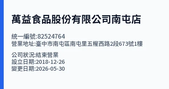 萬益食品股份有限公司南屯店的照片-統編 82524764(臺中市) 公司登記資料與營業項目詳細圖表