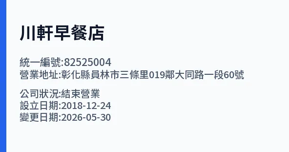 川軒早餐店的照片-統編 82525004(彰化縣) 公司登記資料與營業項目詳細圖表