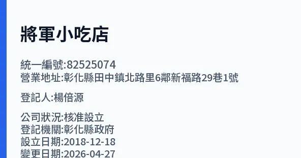 將軍小吃店的照片-統編 82525074(彰化縣) 公司登記資料與營業項目詳細圖表