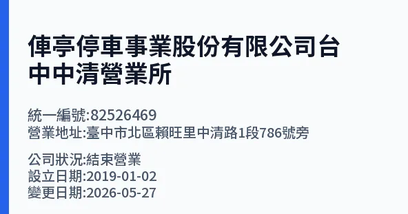 俥亭停車事業股份有限公司台中中清營業所的照片-統編 82526469(臺中市) 公司登記資料與營業項目詳細圖表