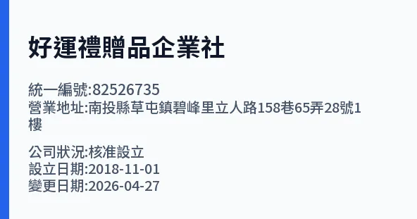 好運禮贈品企業社的照片-統編 82526735(南投縣) 公司登記資料與營業項目詳細圖表