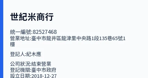 世紀米商行的照片-統編 82527468(臺中市) 公司登記資料與營業項目詳細圖表