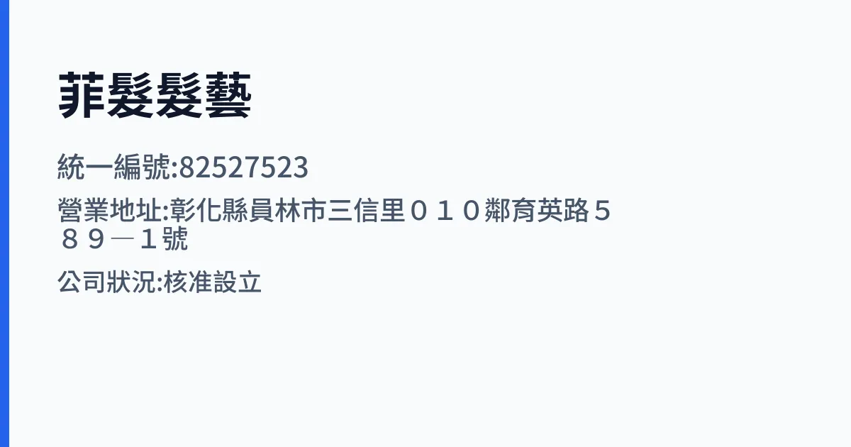 菲髮髮藝 - 統編 82527523(彰化縣) 公司登記資料與營業項目詳細圖表