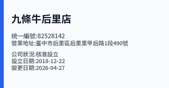 九條牛后里店的照片-統編 82528142(臺中市) 公司登記資料與營業項目詳細圖表