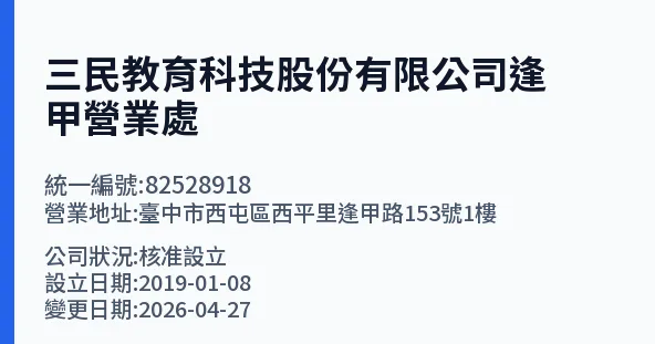 三民教育科技股份有限公司逢甲營業處的照片-統編 82528918(臺中市) 公司登記資料與營業項目詳細圖表