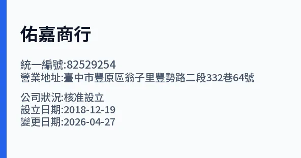 佑嘉商行的照片-統編 82529254(臺中市) 公司登記資料與營業項目詳細圖表