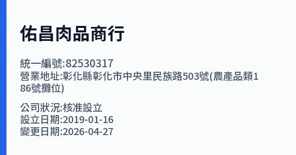 佑昌肉品商行的照片-統編 82530317(彰化縣) 公司登記資料與營業項目詳細圖表