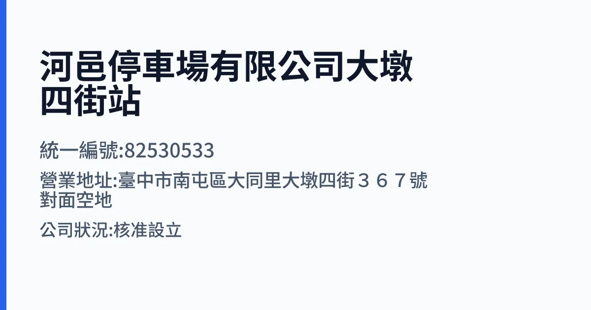 河邑停車場有限公司大墩四街站 - 統編 82530533(臺中市) 公司登記資料與營業項目詳細圖表