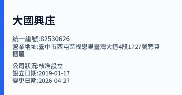 大國興庒的照片-統編 82530626(臺中市) 公司登記資料與營業項目詳細圖表
