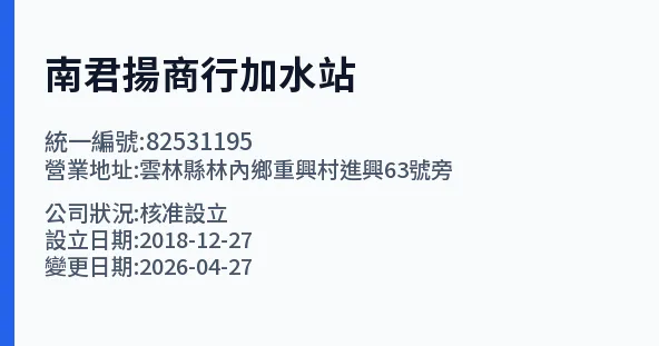 南君揚商行加水站的照片-統編 82531195(雲林縣) 公司登記資料與營業項目詳細圖表