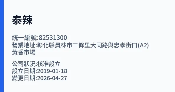 泰辣的照片-統編 82531300(彰化縣) 公司登記資料與營業項目詳細圖表