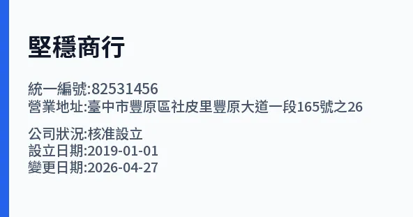 堅穩商行的照片-統編 82531456(臺中市) 公司登記資料與營業項目詳細圖表