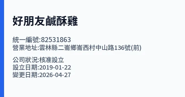 好朋友鹹酥雞的照片-統編 82531863(雲林縣) 公司登記資料與營業項目詳細圖表