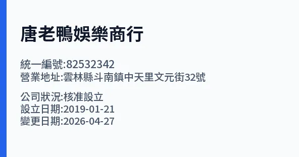 唐老鴨娛樂商行的照片-統編 82532342(雲林縣) 公司登記資料與營業項目詳細圖表