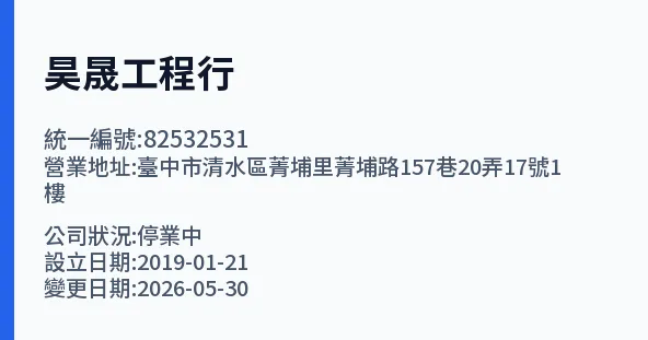 昊晟工程行的照片-統編 82532531(臺中市) 公司登記資料與營業項目詳細圖表