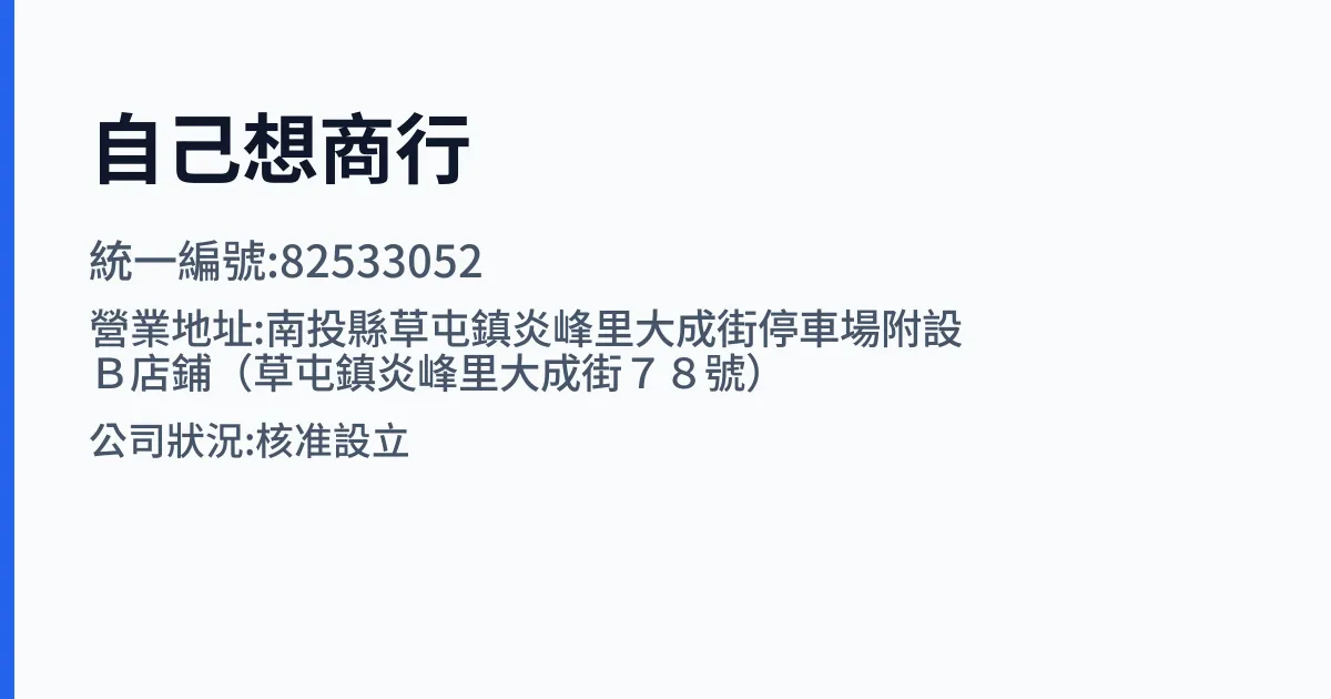自己想商行 - 統編 82533052(南投縣) 公司登記資料與營業項目詳細圖表