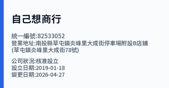 自己想商行的照片-統編 82533052(南投縣) 公司登記資料與營業項目詳細圖表
