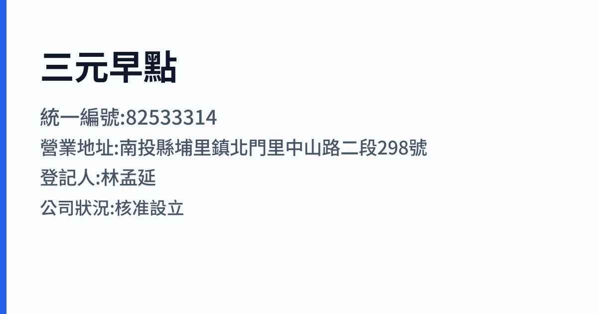 三元早點 - 統編 82533314(南投縣) 公司登記資料與營業項目詳細圖表