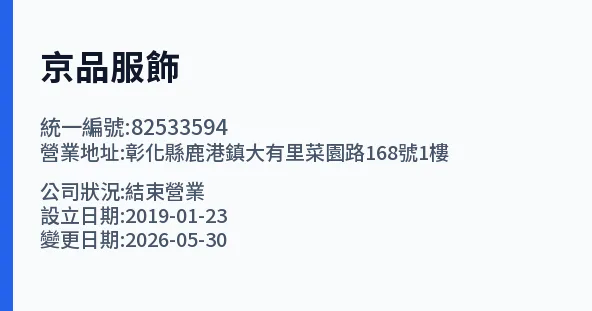 京品服飾的照片-統編 82533594(彰化縣) 公司登記資料與營業項目詳細圖表
