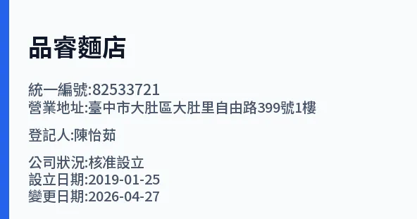 品睿麵店的照片-統編 82533721(臺中市) 公司登記資料與營業項目詳細圖表