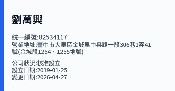 劉萬興的照片-統編 82534117(臺中市) 公司登記資料與營業項目詳細圖表