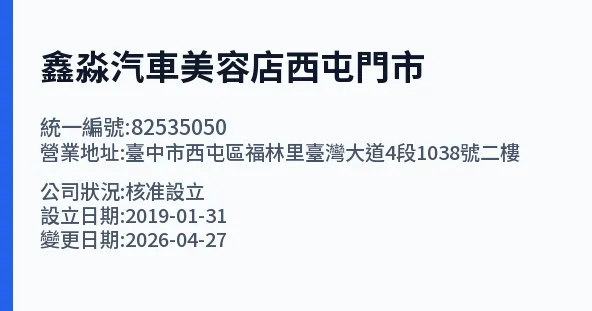 鑫淼汽車美容店西屯門市的照片-統編 82535050(臺中市) 公司登記資料與營業項目詳細圖表