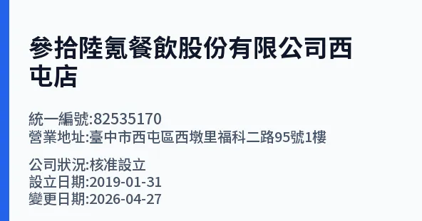 參拾陸氪餐飲股份有限公司西屯店的照片-統編 82535170(臺中市) 公司登記資料與營業項目詳細圖表