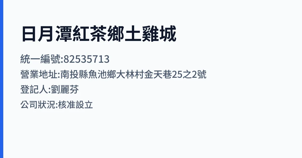 日月潭紅茶鄉土雞城 - 統編 82535713 (南投縣) 公司登記資料與營業項目詳細圖表