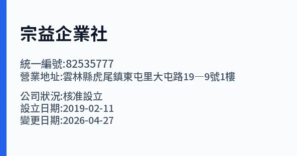 宗益企業社的照片-統編 82535777(雲林縣) 公司登記資料與營業項目詳細圖表
