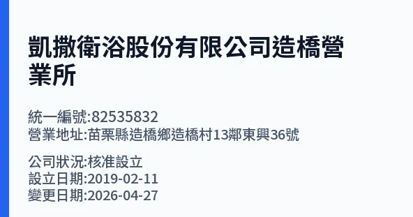 凱撒衛浴股份有限公司造橋營業所的照片-統編 82535832(苗栗縣) 公司登記資料與營業項目詳細圖表