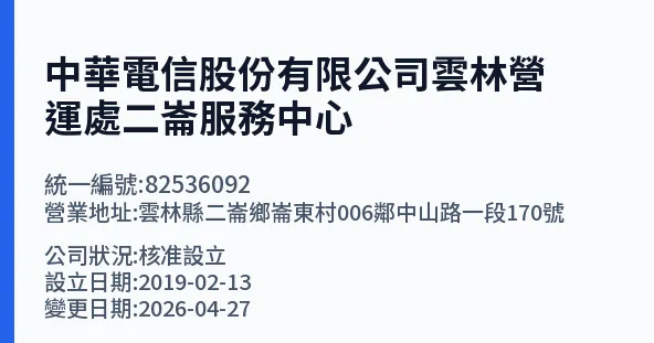 中華電信股份有限公司雲林營運處二崙服務中心的照片-統編 82536092(雲林縣) 公司登記資料與營業項目詳細圖表