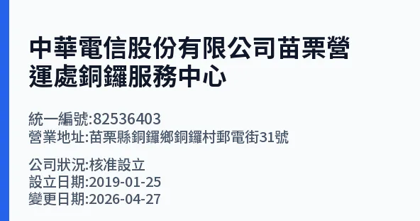 中華電信股份有限公司苗栗營運處銅鑼服務中心的照片-統編 82536403(苗栗縣) 公司登記資料與營業項目詳細圖表