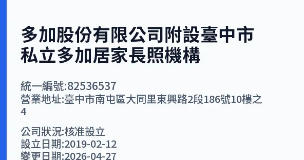 多加股份有限公司附設臺中市私立多加居家長照機構的照片-統編 82536537(臺中市) 公司登記資料與營業項目詳細圖表