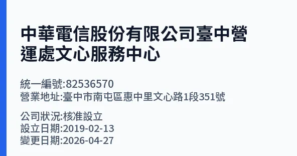 中華電信股份有限公司臺中營運處文心服務中心的照片-統編 82536570(臺中市) 公司登記資料與營業項目詳細圖表