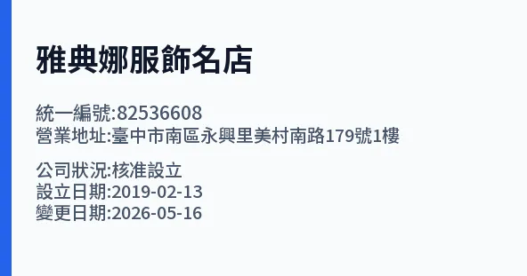 雅典娜服飾名店的照片-統編 82536608(臺中市) 公司登記資料與營業項目詳細圖表
