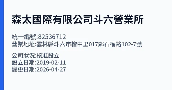 森太國際有限公司斗六營業所的照片-統編 82536712(雲林縣) 公司登記資料與營業項目詳細圖表