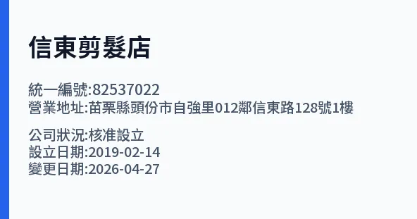 信東剪髮店的照片-統編 82537022(苗栗縣) 公司登記資料與營業項目詳細圖表
