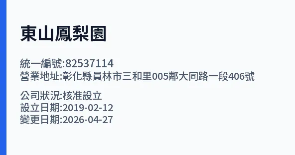東山鳳梨園的照片-統編 82537114(彰化縣) 公司登記資料與營業項目詳細圖表
