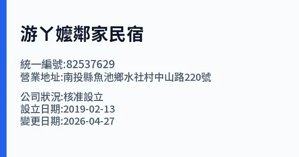 游ㄚ嬤鄰家民宿的照片-統編 82537629(南投縣) 公司登記資料與營業項目詳細圖表