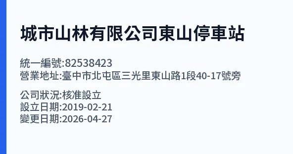 城市山林有限公司東山停車站的照片-統編 82538423(臺中市) 公司登記資料與營業項目詳細圖表