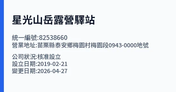 星光山岳露營驛站的照片-統編 82538660(苗栗縣) 公司登記資料與營業項目詳細圖表