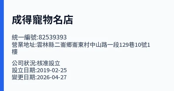 成得寵物名店的照片-統編 82539393(雲林縣) 公司登記資料與營業項目詳細圖表