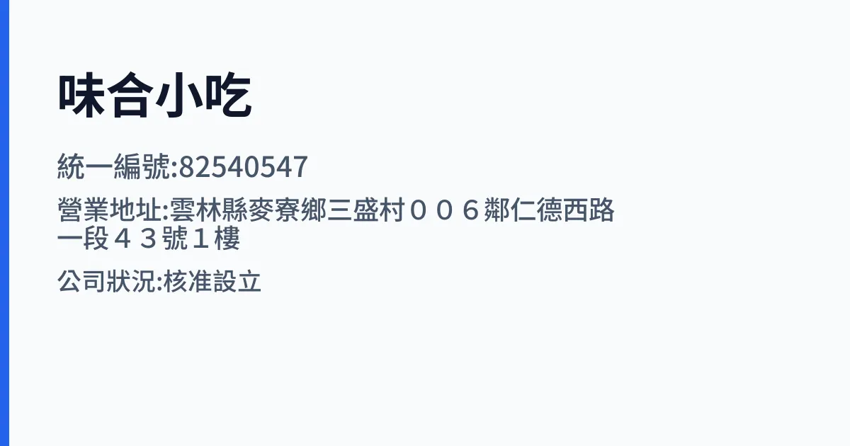 味合小吃 - 統編 82540547(雲林縣) 公司登記資料與營業項目詳細圖表