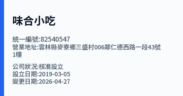 味合小吃的照片-統編 82540547(雲林縣) 公司登記資料與營業項目詳細圖表