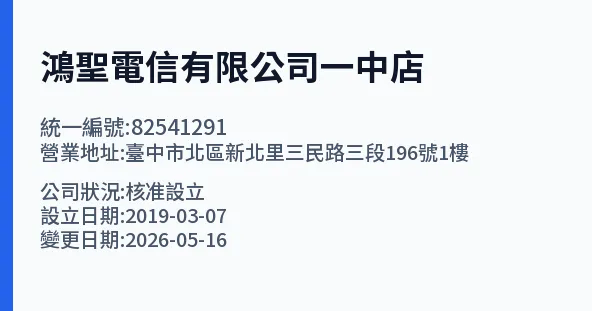 鴻聖電信有限公司一中店的照片-統編 82541291(臺中市) 公司登記資料與營業項目詳細圖表