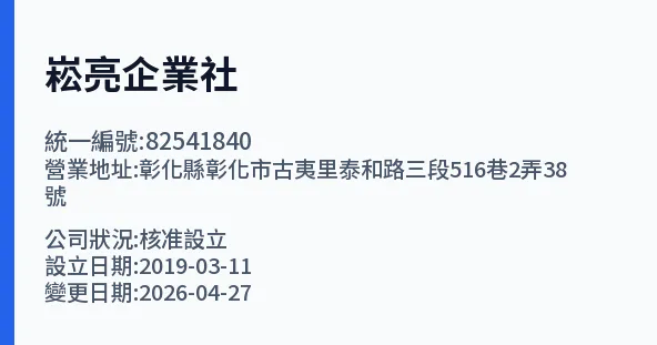 崧亮企業社的照片-統編 82541840(彰化縣) 公司登記資料與營業項目詳細圖表