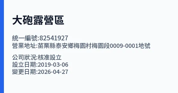 大砲露營區的照片-統編 82541927(苗栗縣) 公司登記資料與營業項目詳細圖表