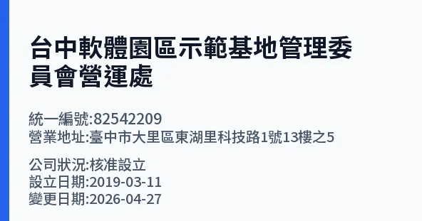 台中軟體園區示範基地管理委員會營運處的照片-統編 82542209(臺中市) 公司登記資料與營業項目詳細圖表