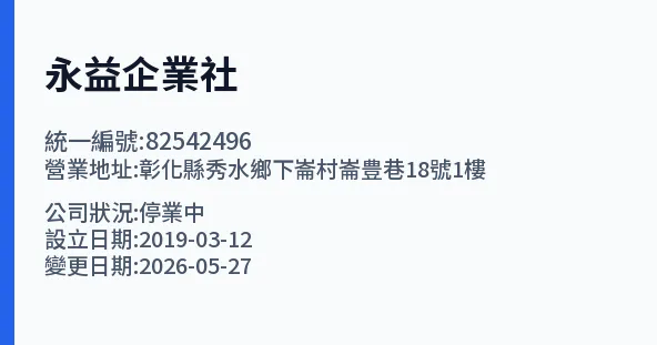 永益企業社的照片-統編 82542496(彰化縣) 公司登記資料與營業項目詳細圖表