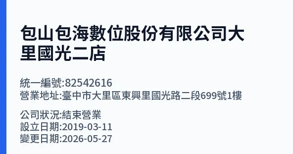 包山包海數位股份有限公司大里國光二店的照片-統編 82542616(臺中市) 公司登記資料與營業項目詳細圖表